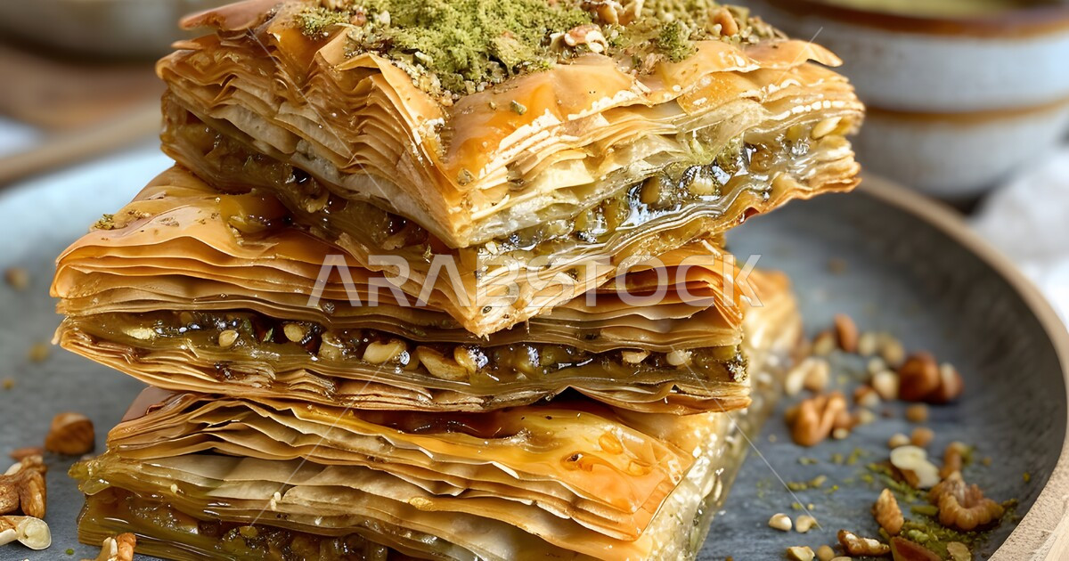 Saudi desserts with pistachios and nuts, dishes of oriental Arab sweets ...