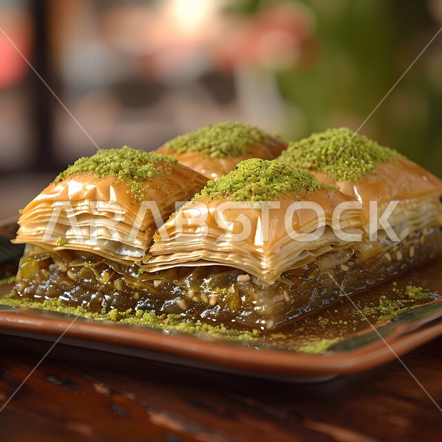 Saudi desserts with pistachios and nuts, dishes of oriental Arab sweets ...