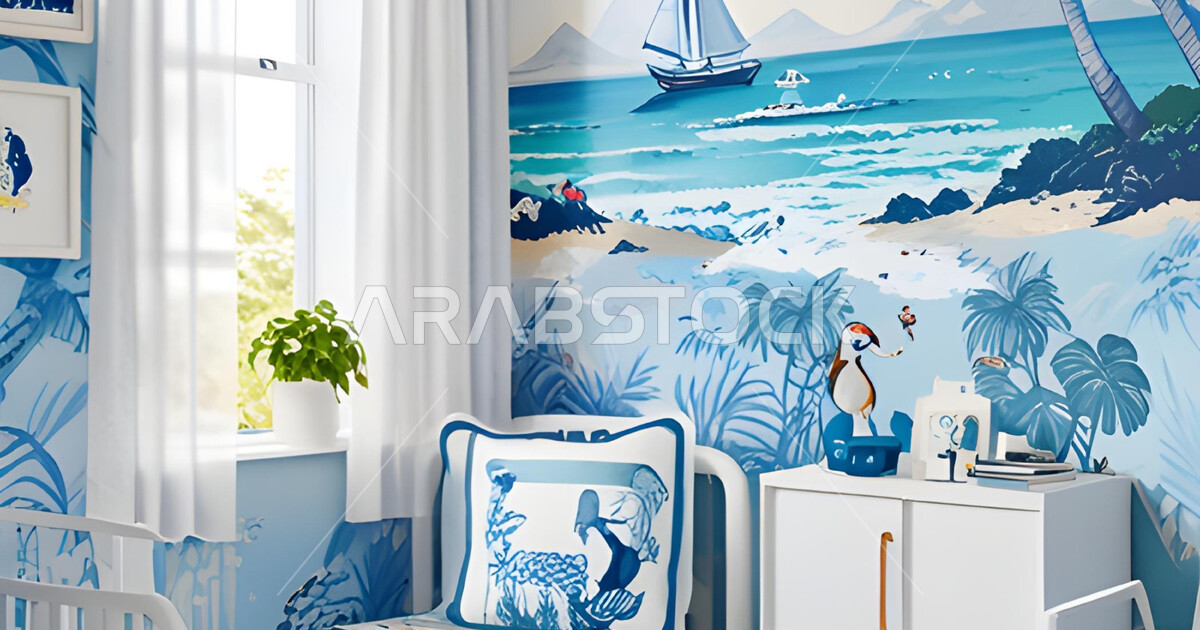 Tropical coastal style bedroom in blue, residential apartments and ...