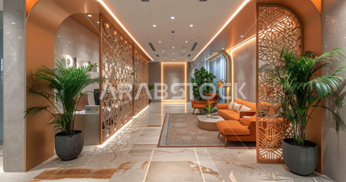The elegant design of the hotel reception lobby and entrance, offices ...