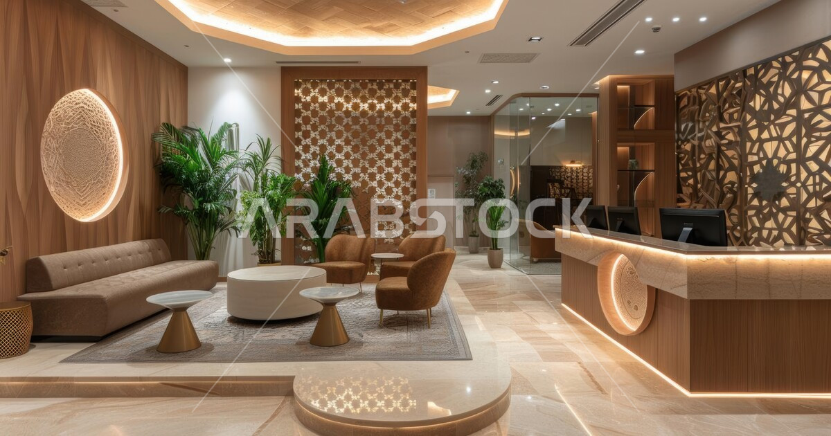 The elegant design of the hotel reception lobby and entrance, hotel lobby with modern modern ...
