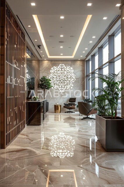 The elegant design of the hotel reception lobby and entrance, hotel lobby with modern modern ...