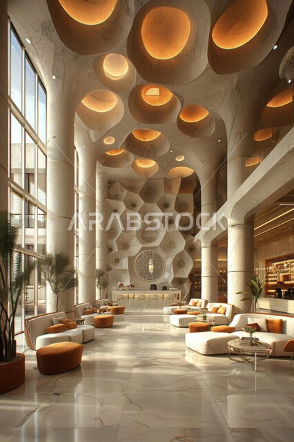 Hotel lobby with modern, modern designs with a geometric ceiling, the ...