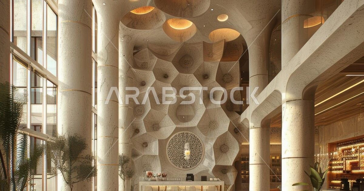 Hotel lobby with modern, modern designs with a geometric ceiling, the ...