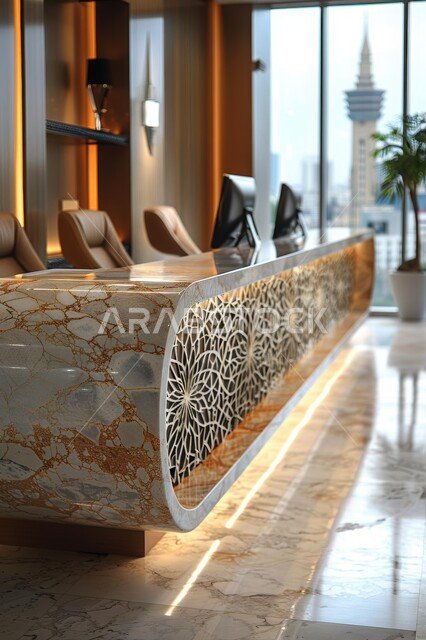 A decorative office table, a lobby and reception entrance with a ...