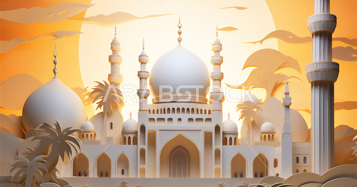 A three-dimensional drawing of a luxurious Arab mosque, places of ...