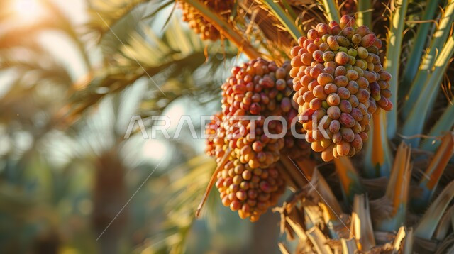 Agricultural crops and trees, a close-up of a fruiting palm tree, farms ...