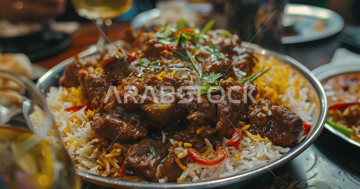 Traditional Arabic dishes and popular meals, a plate of biryani rice ...