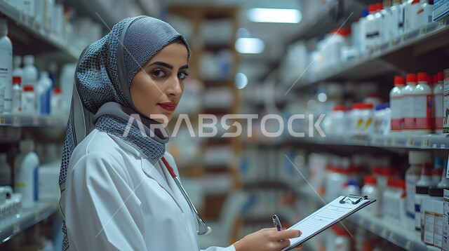 Looking at the camera with confident gestures, a veiled Saudi Arabian ...