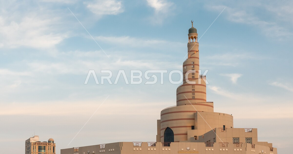 Al-Fanar Mosque in the city of Doha in Qatar on the waterfront, famous ...