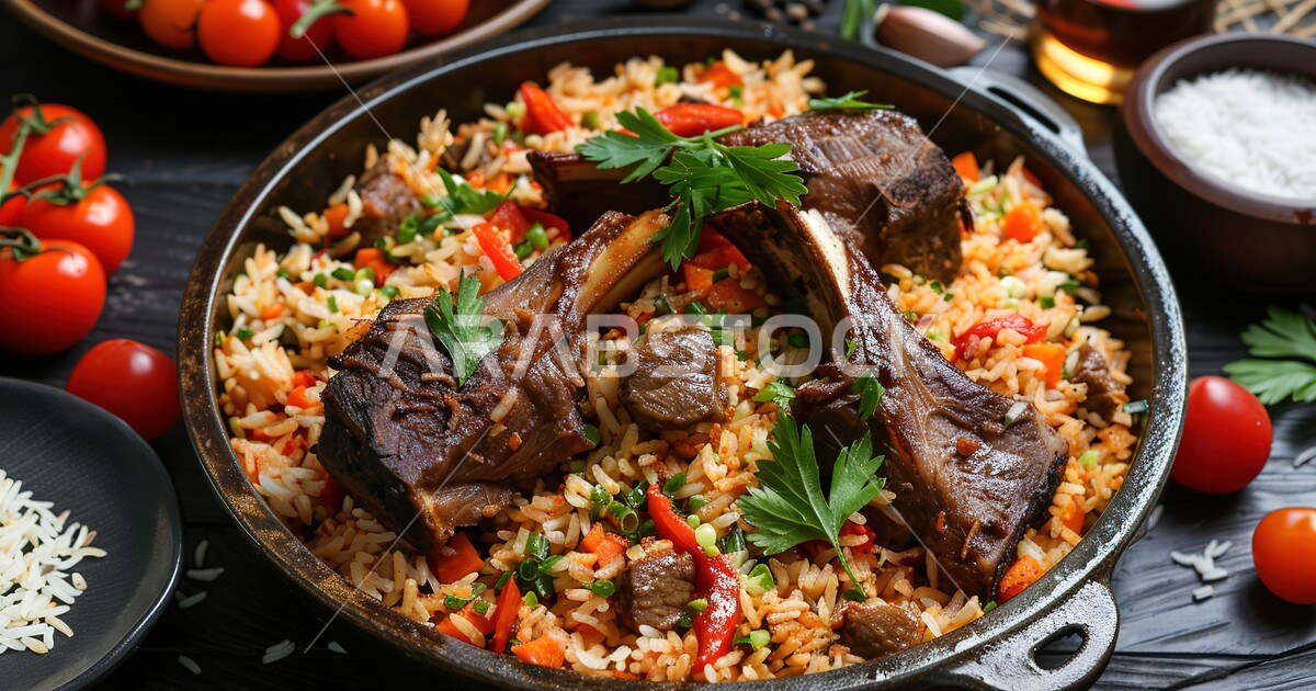 طبق من أرز المندي و قطع لحم الضأن والخضار الطازجة، أطباق ووجبات عربية ...