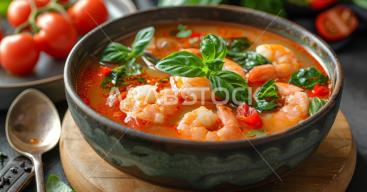 Food and dishes from Saudi Asian cuisine, a bowl of soup with shrimp ...