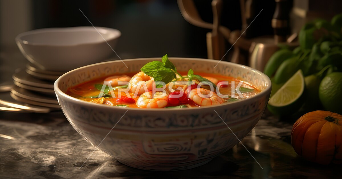 Food and dishes from Saudi Asian cuisine, a bowl of soup with shrimp ...