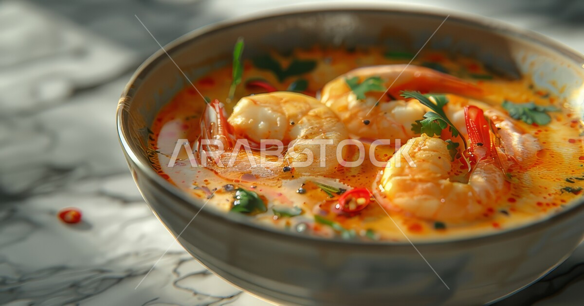 Bowl of soup with shrimp garnished with green herbs, plate of delicious ...