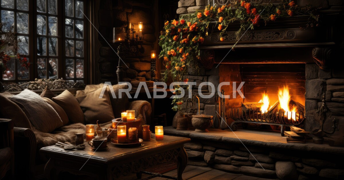 Wood burning fireplace in a living room with modern contemporary ...