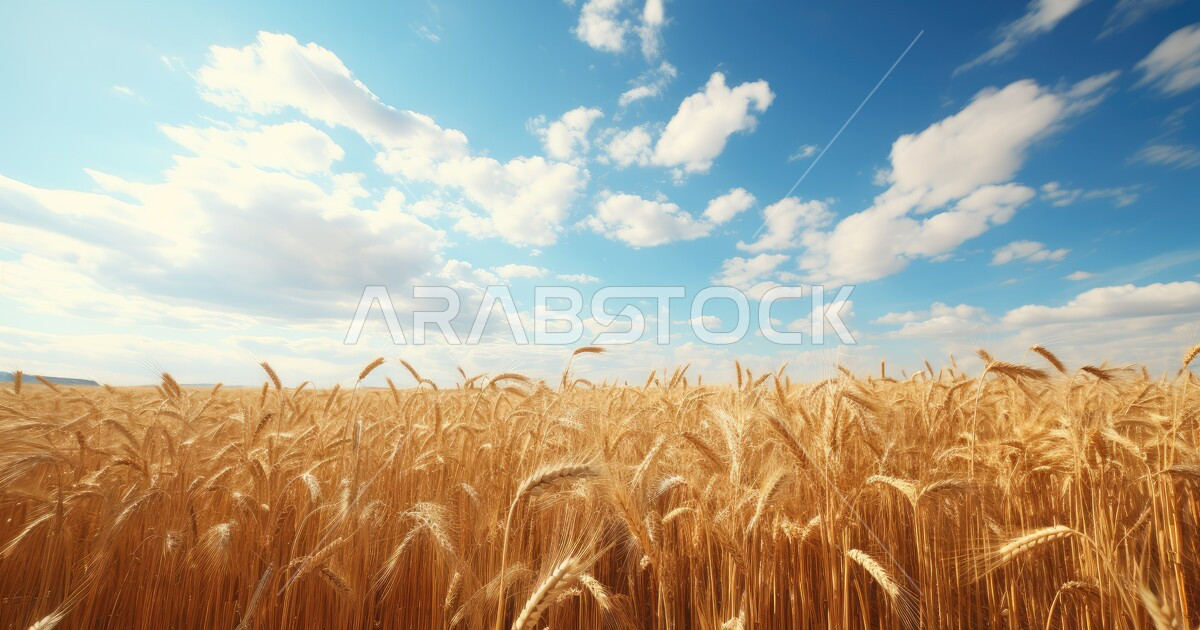 Wheat fields and farms, view of sky filled with white cotton clouds ...
