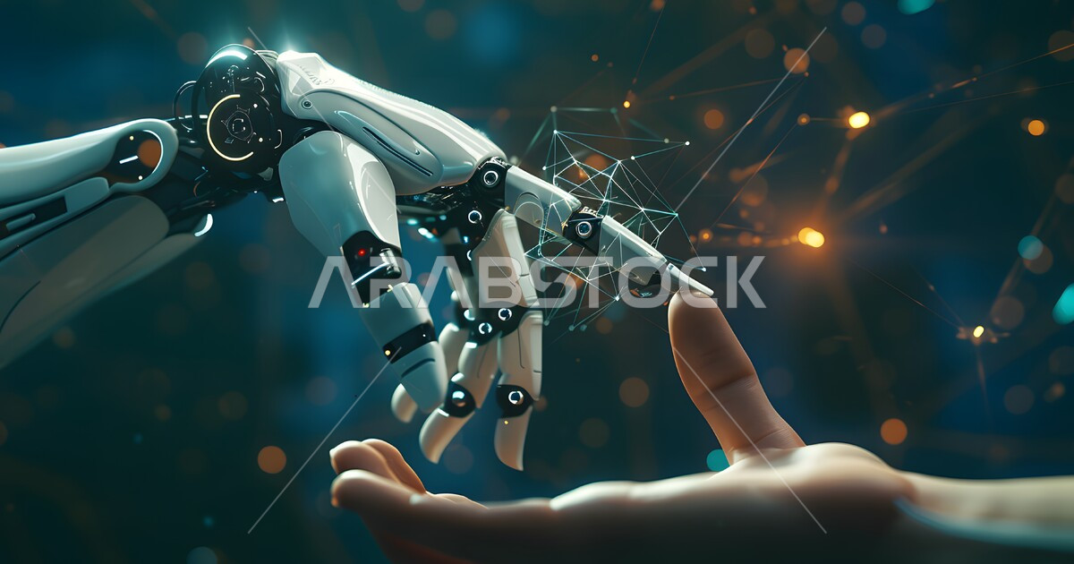 Future Saudi Vision 2030, a close-up of a robot hand touching a human ...