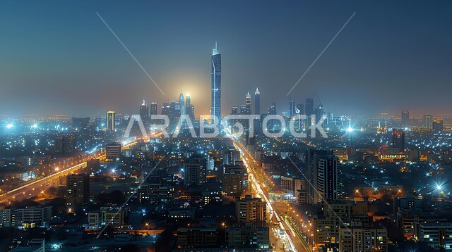 Traffic in the streets at night, commercial establishments, buildings ...