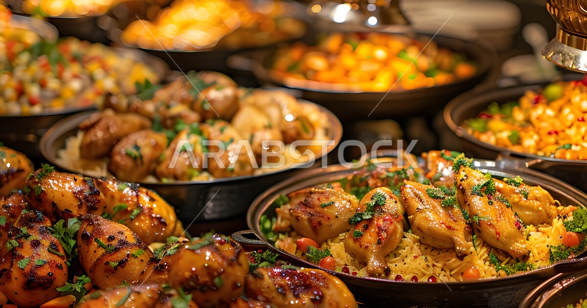 Iftar time at the Maghrib call to prayer, types of oriental Arab foods ...