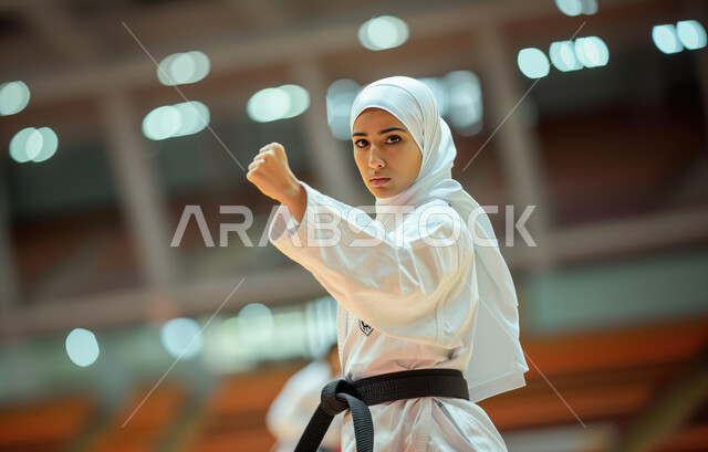 Training special fighting moves, martial arts, Saudi Arabian Gulf woman ...