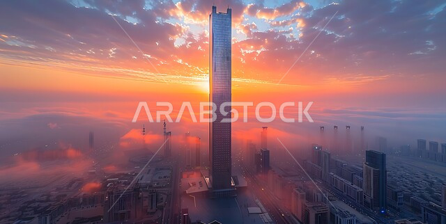 Foggy sunset, Saudi Vision 2030, architectural art of towers and ...