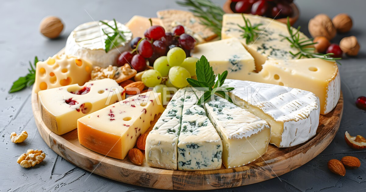 Large selection of cheeses, a variety of fresh cheeses on a wooden ...