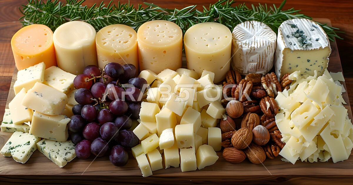 Large selection of cheeses, a variety of fresh cheeses on a wooden ...