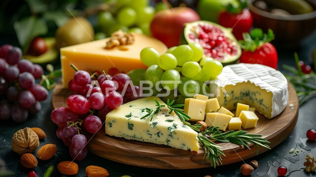 Morning country breakfast, a large assortment of cheeses, a variety of ...