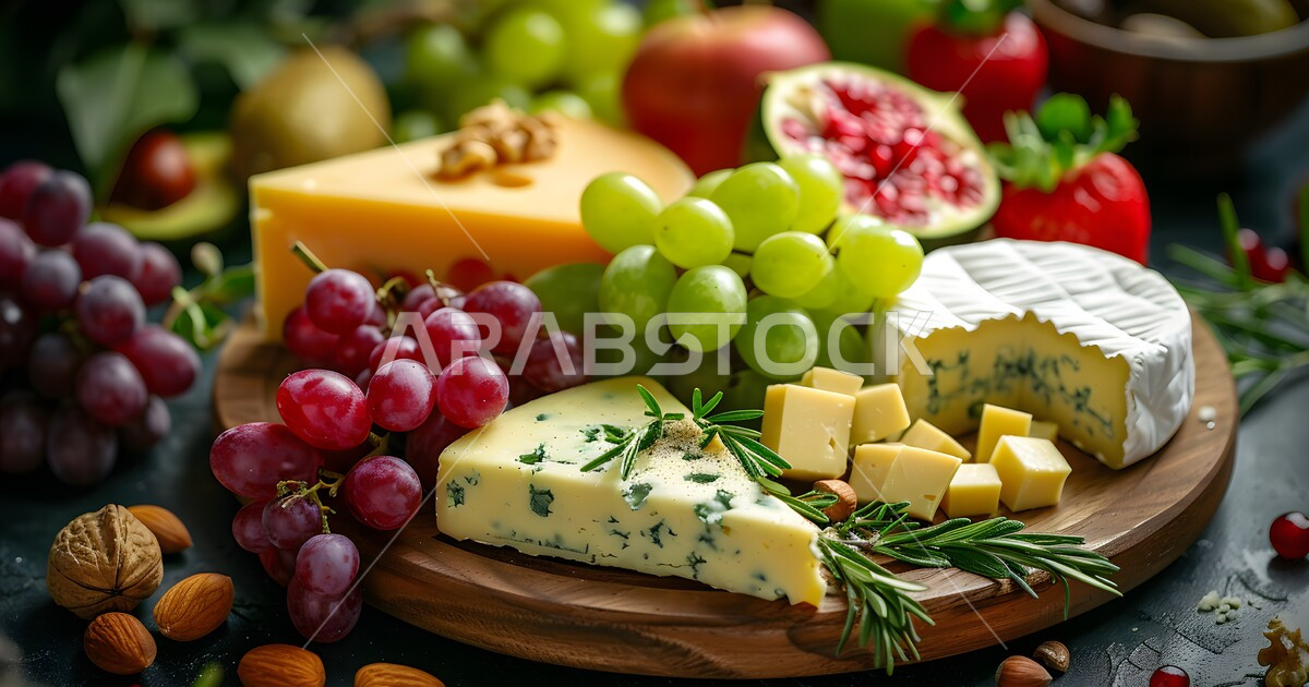 Morning country breakfast, a large assortment of cheeses, a variety of ...