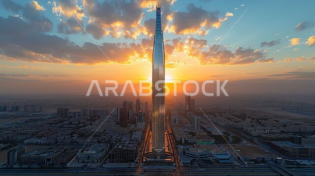 Cloudy sky at sunset, Saudi Vision 2030, architectural art of towers ...
