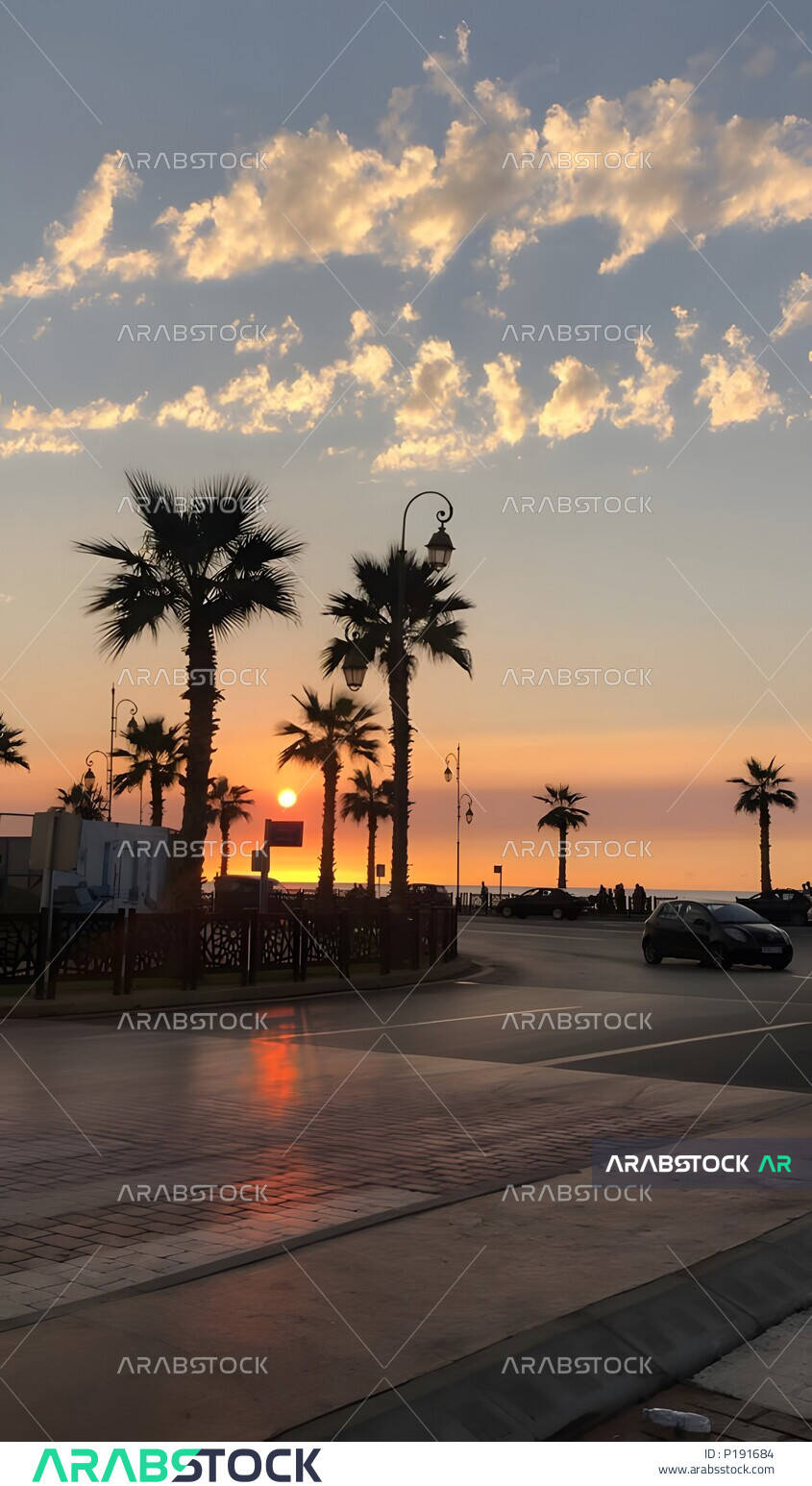 View of the Corniche from Jeddah's waterfront at sunset, landmarks in ...