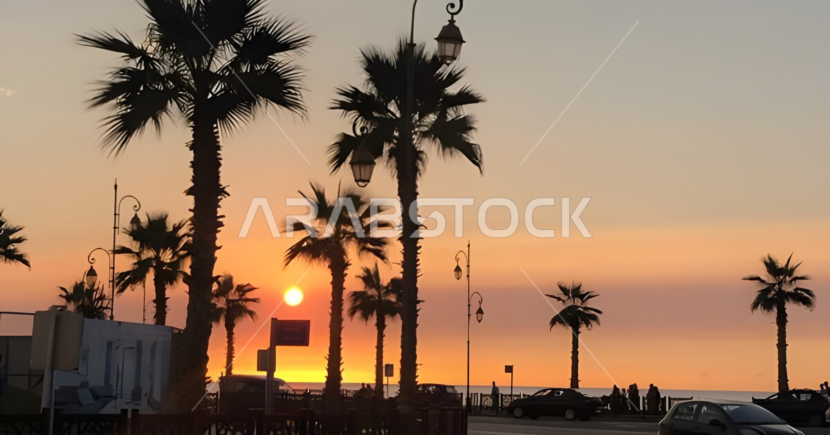 View of the Corniche from Jeddah's waterfront at sunset, landmarks in ...