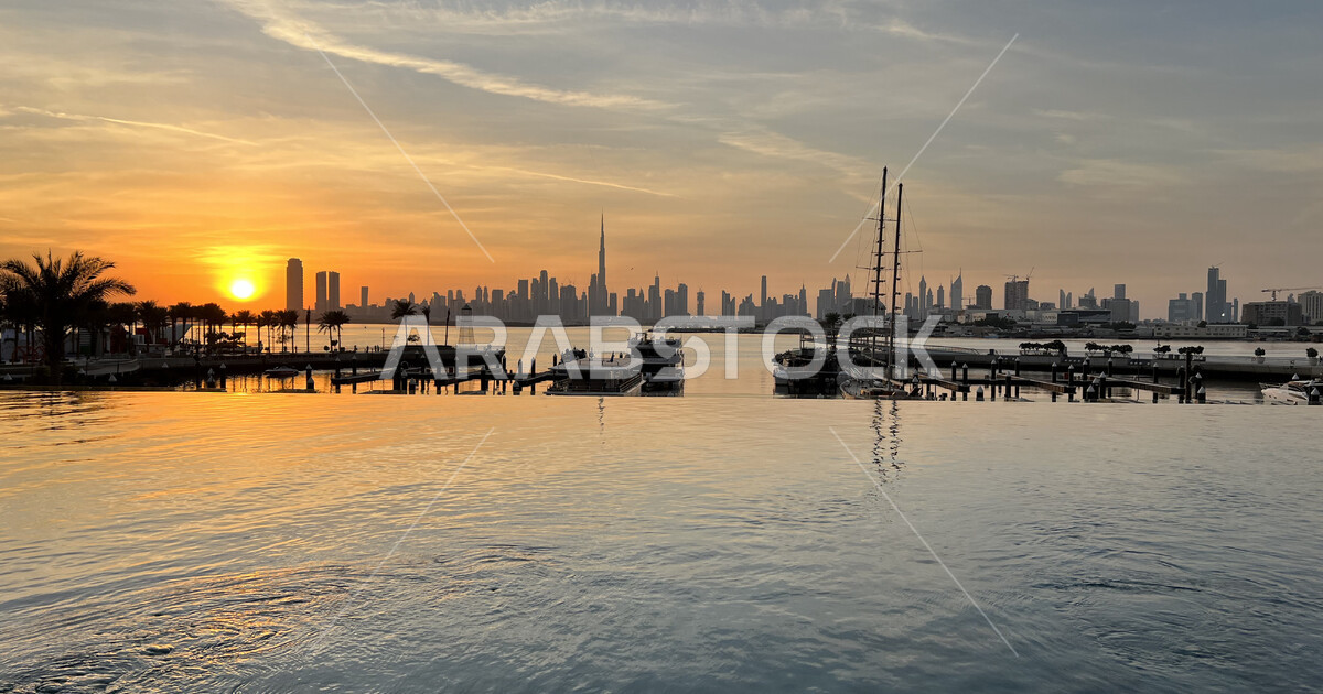 Dubai Marina in the United Arab Emirates, Dubai waterfront at sunrise ...