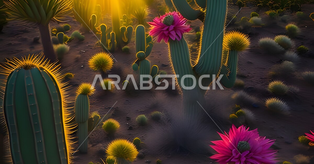 A group of prickly cactus plants in desert areas, growth of prickly ...