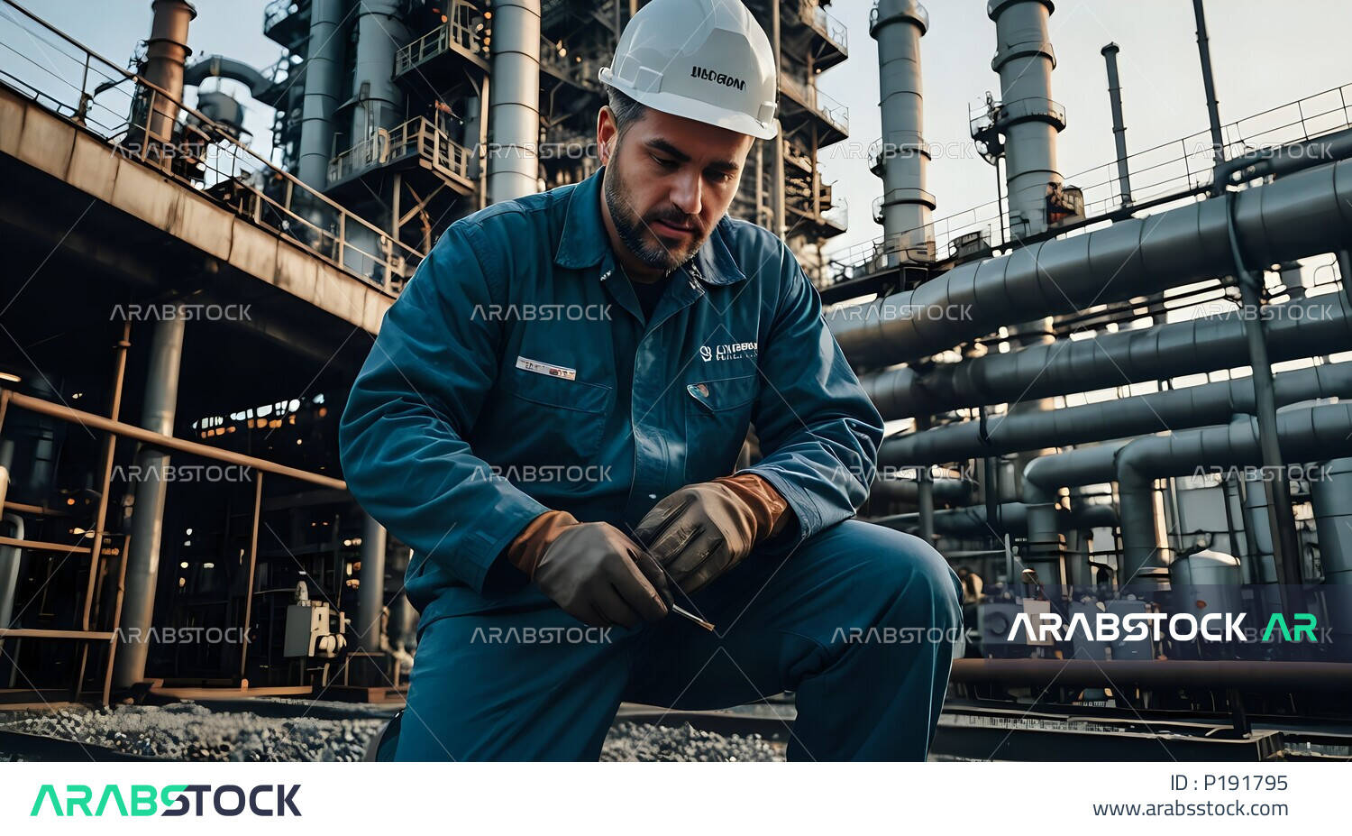 Close up of a Saudi Arabian Gulf engineer wearing protective gear and ...