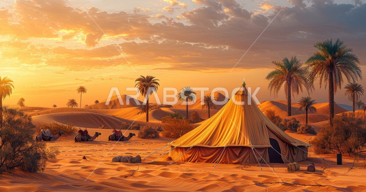 Camping in the deserts of the Kingdom of Saudi Arabia at sunset, a ...