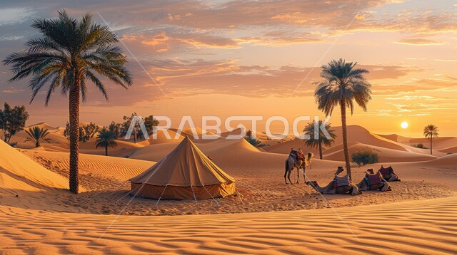 Camping in the deserts of the Kingdom of Saudi Arabia at sunset, a ...