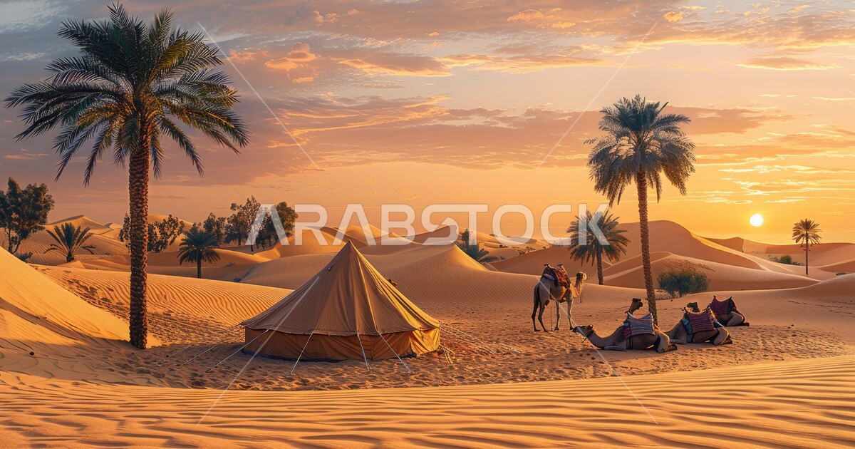 Camping in the deserts of the Kingdom of Saudi Arabia at sunset, a ...
