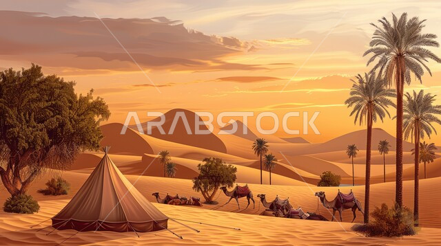 Soft golden terrain and dunes, camping in the deserts of the Kingdom of ...