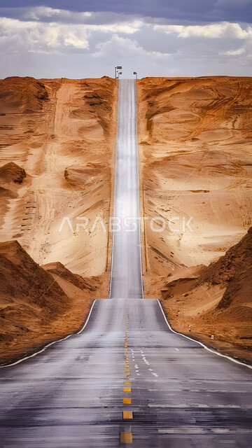 Paved road in the middle of desert places and areas, dunes, sand hills ...