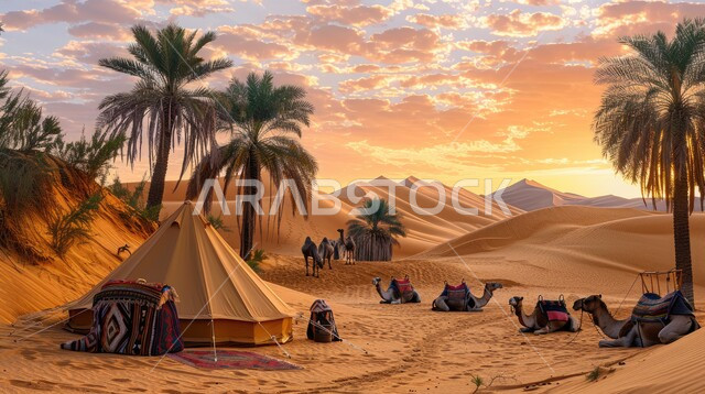 Tourist camps in the wild areas, soft golden terrain and dunes at ...