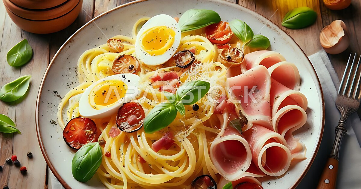 A plate of pasta with small pieces of tomatoes and cold meat decorated ...