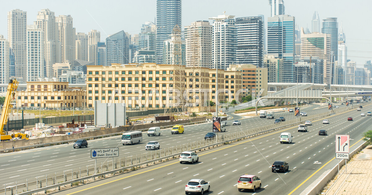 Cars on the streets and roads in broad daylight, traffic on the Sheikh ...