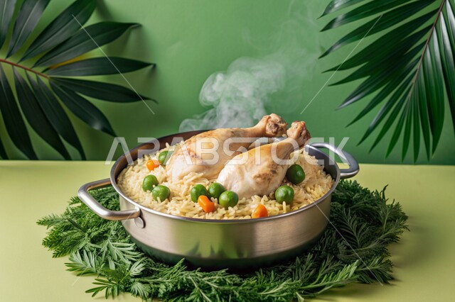 A Plate of Kabsa Rice with Fresh Vegetables and Chicken, Delicious ...