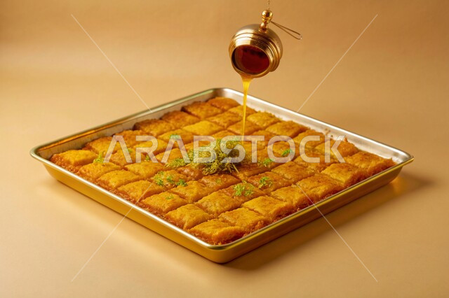 Delicious sweets on a metal plate, famous oriental recipes, sweets and ...