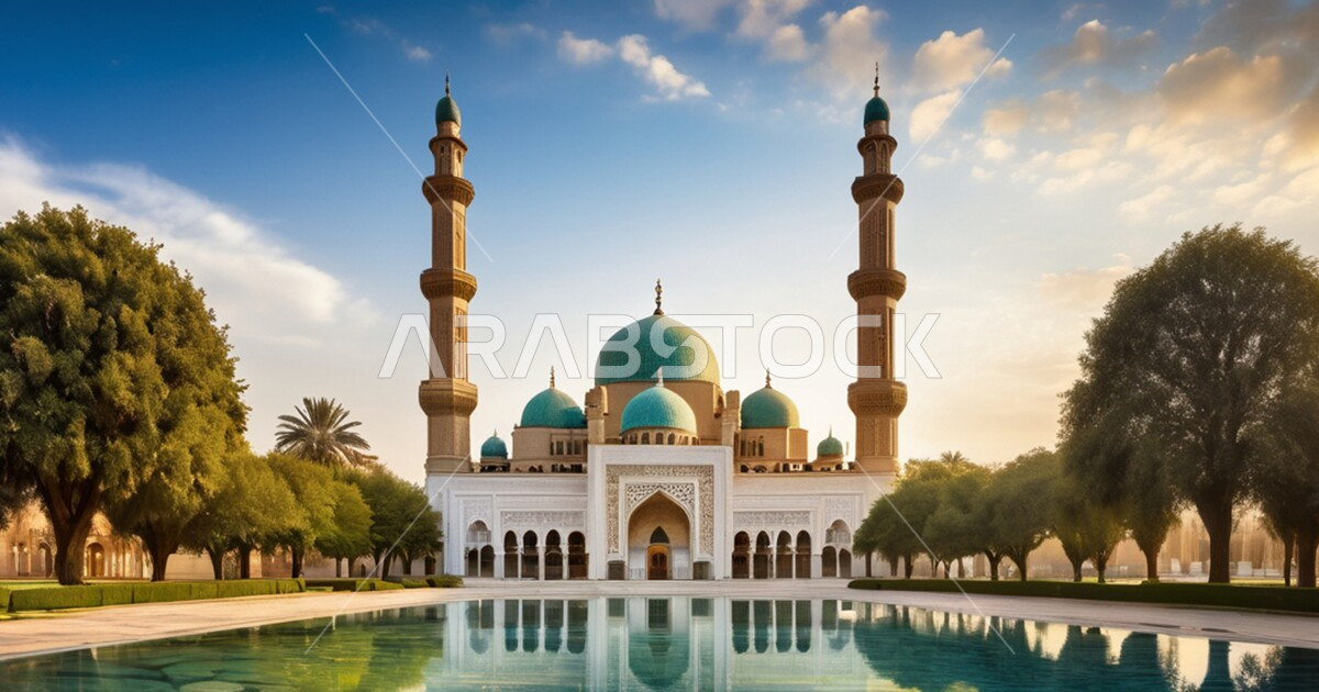 A picture of a water pool in front of a mosque, architectural ...