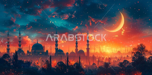 The arrival of the month of goodness, 3D illustrations of minarets and ...