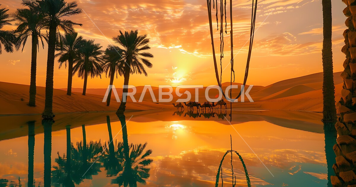 Quiet natural tourist areas in Saudi Arabia, reflection of palm trees ...