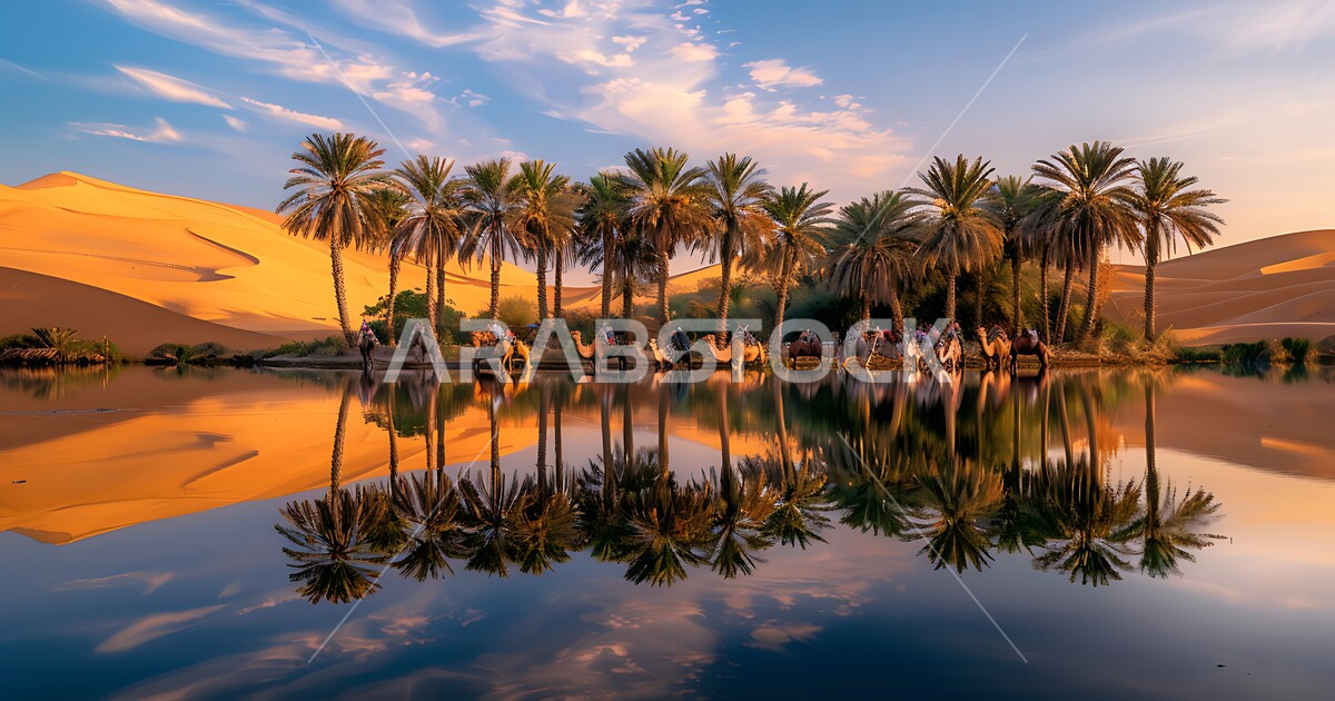 Mountainous nature and desert areas, sunset view on an oases in the ...