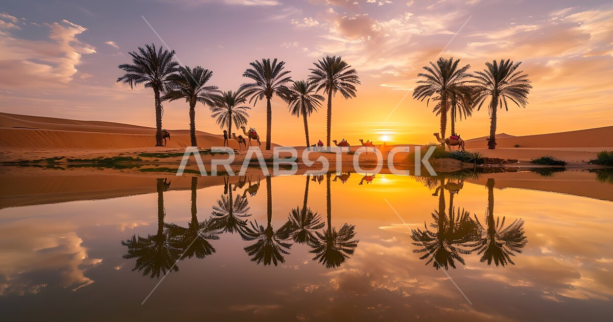Mountainous nature and desert areas, sunset view on an oases in the ...
